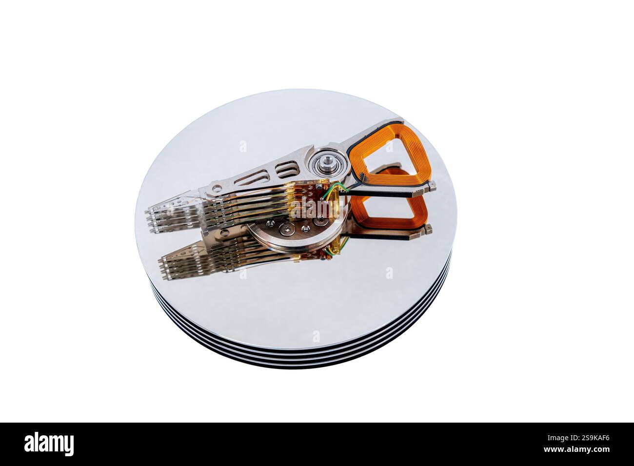 Hard disk drive platter and riding arm on white background Stock Photo ...