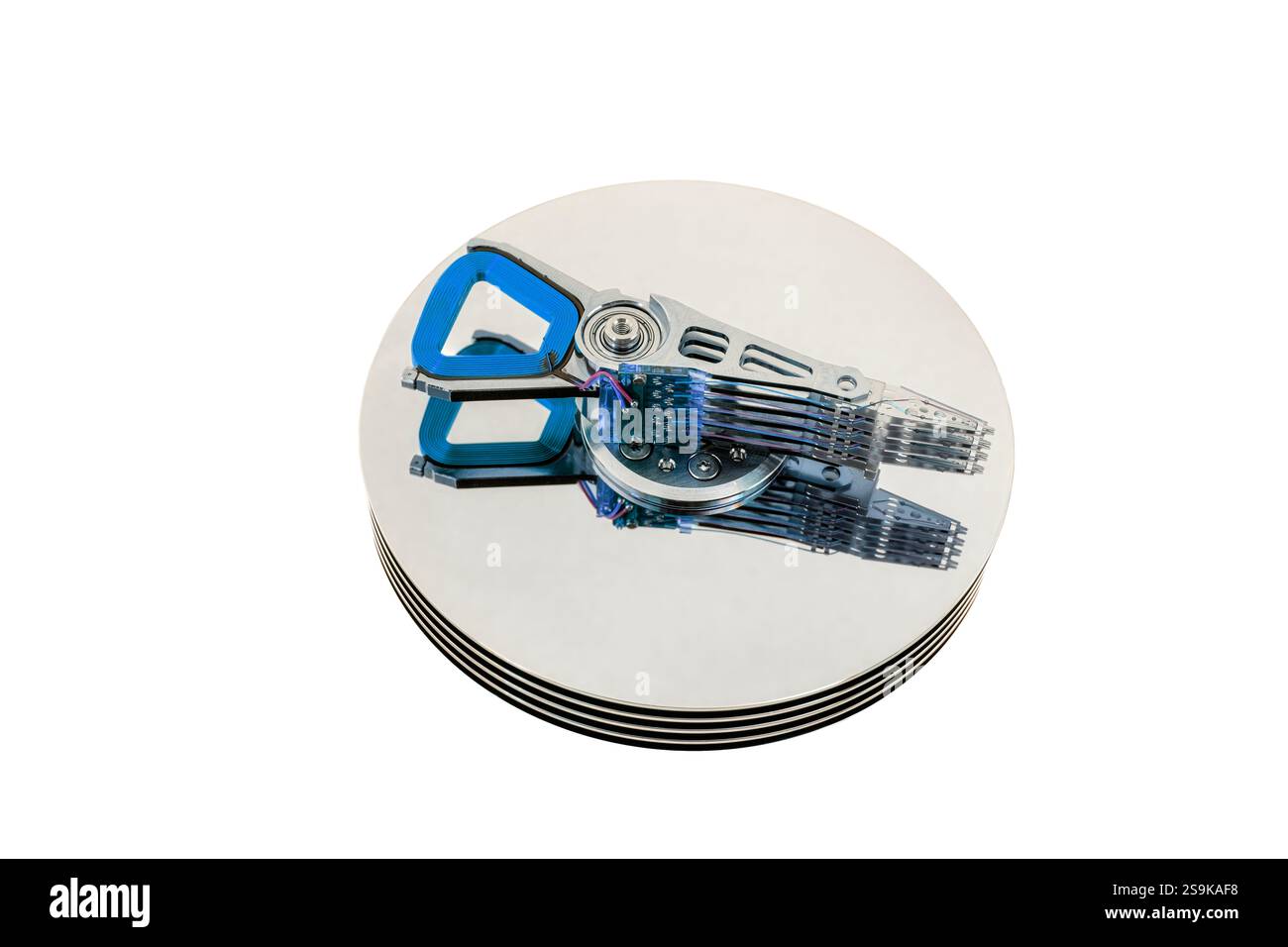 Hard disk drive platter and riding arm on white background Stock Photo ...
