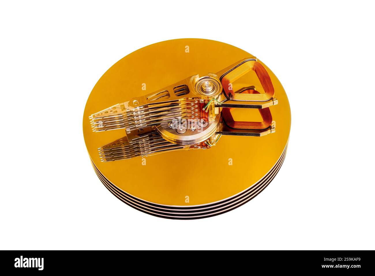 Hard disk drive platter and riding arm on white background Stock Photo ...