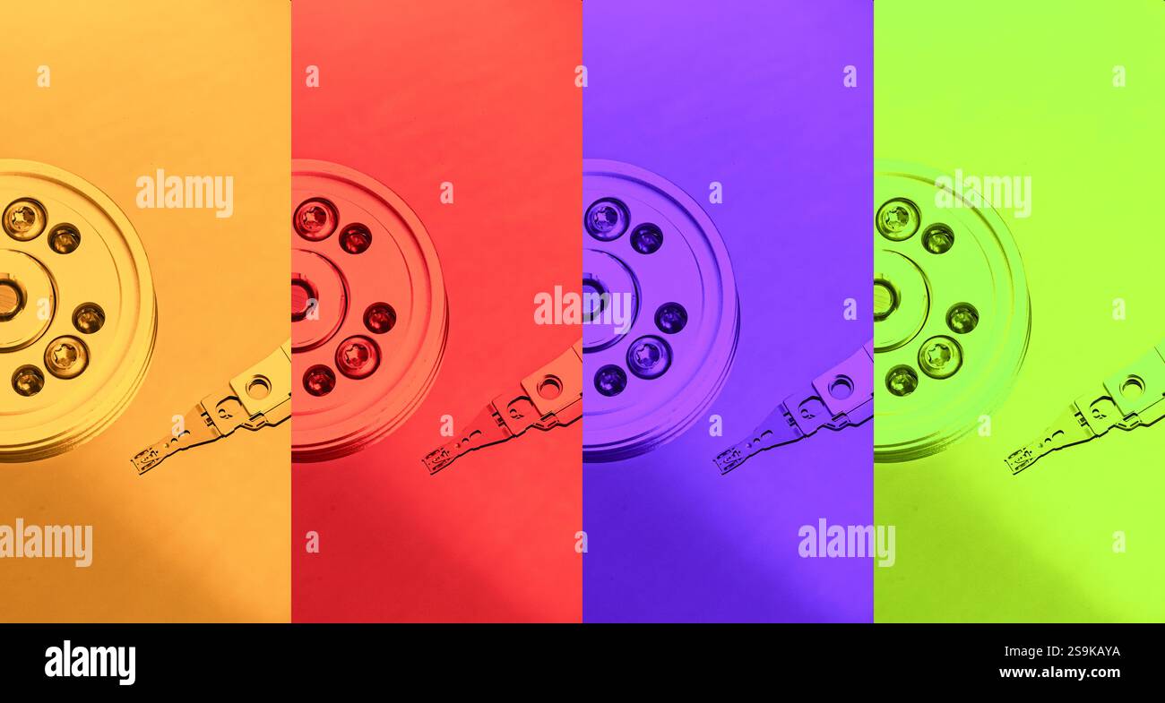 four banners with Hard disk drive platter and riding arm Disassembled ...