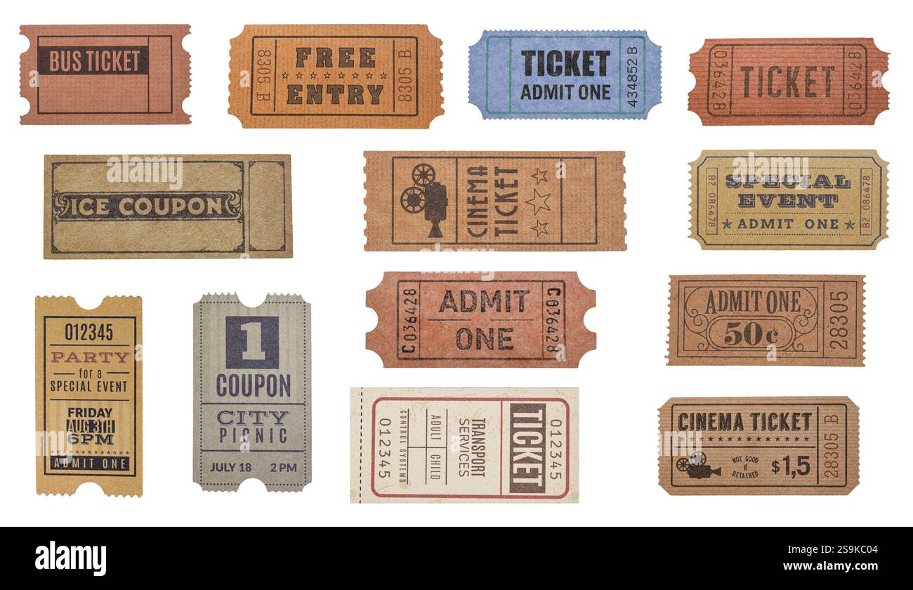 Old vintage tickets isolated on white background Stock Photo - Alamy