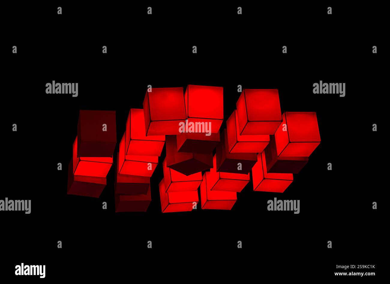 Red luminous cubes floating in the air in the dark background Stock Photo - Alamy