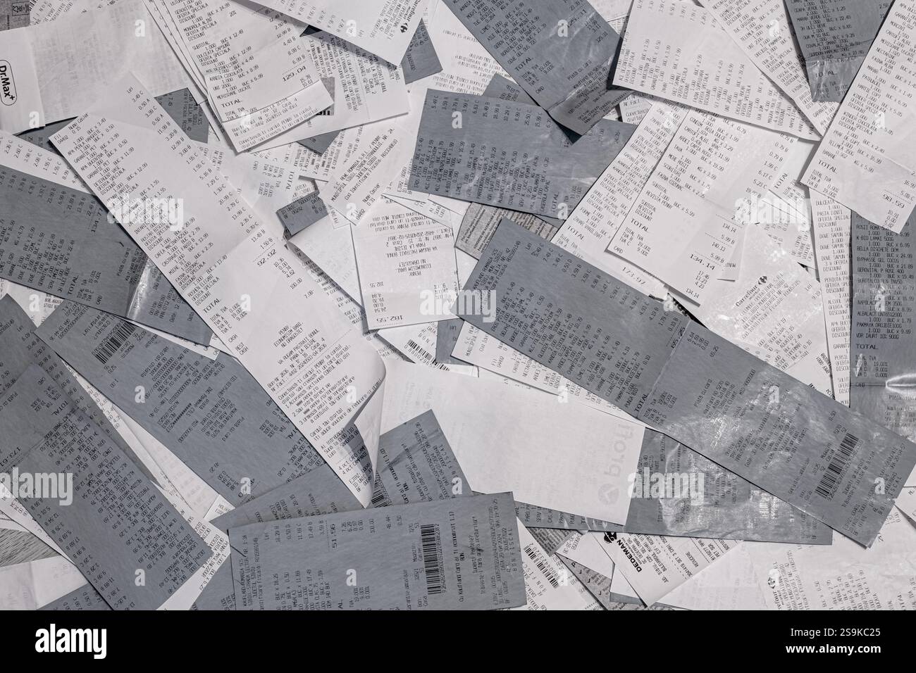 Sibiu, Romania - November 12, 2024. Romanian shopping receipt stacks ...