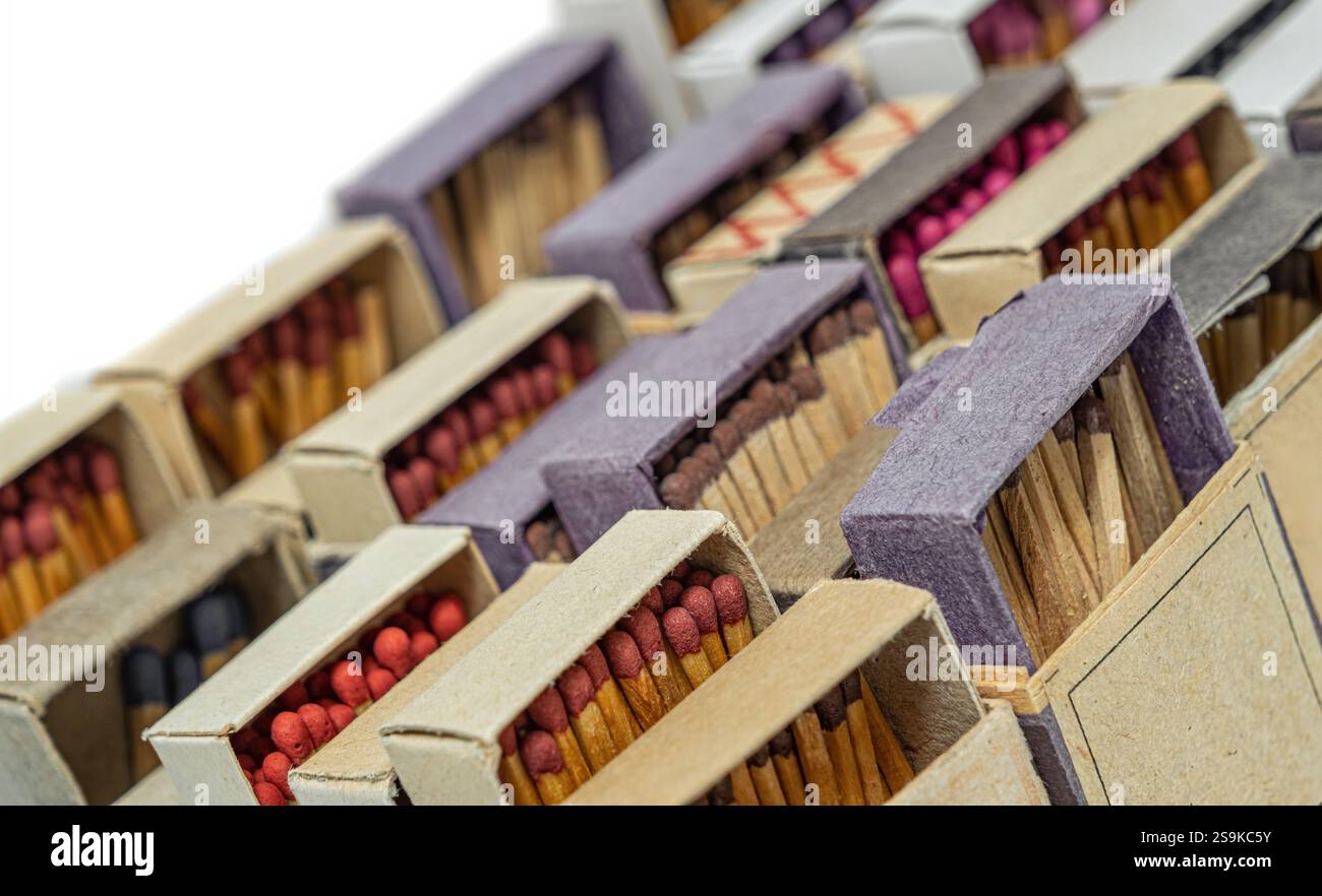 Vintage old used matchboxes stacked Stock Photo - Alamy