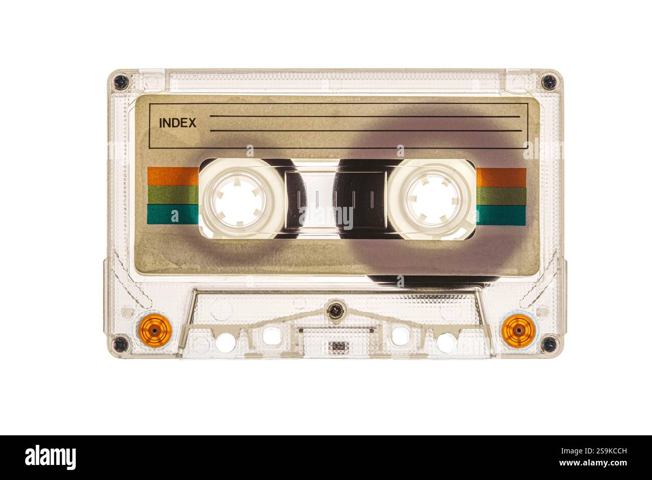 used transparent vintage audio tape cassette isolated, with the back ...