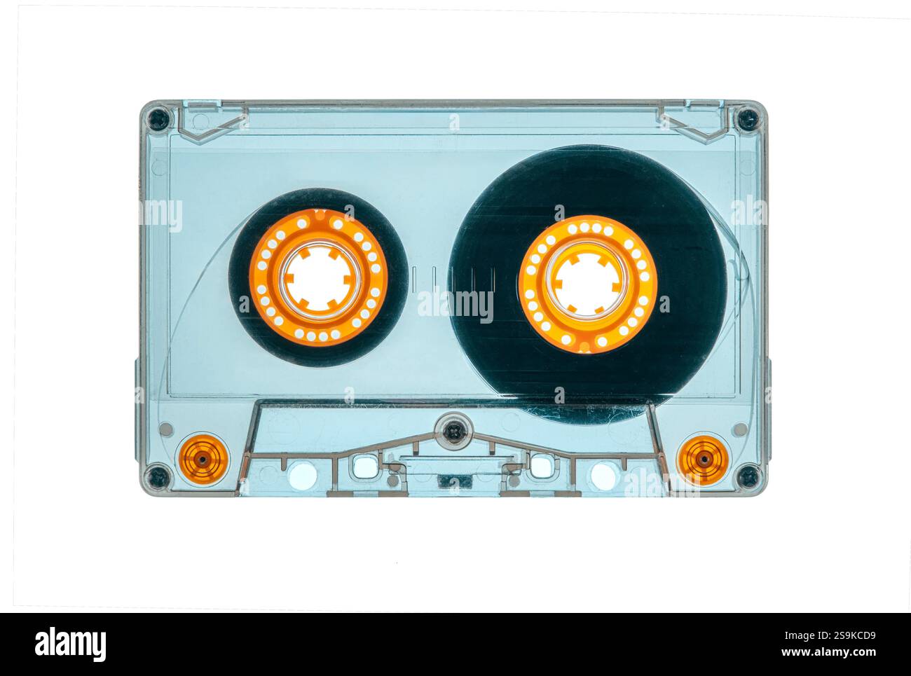 used transparent vintage audio tape cassette isolated, with the back ...