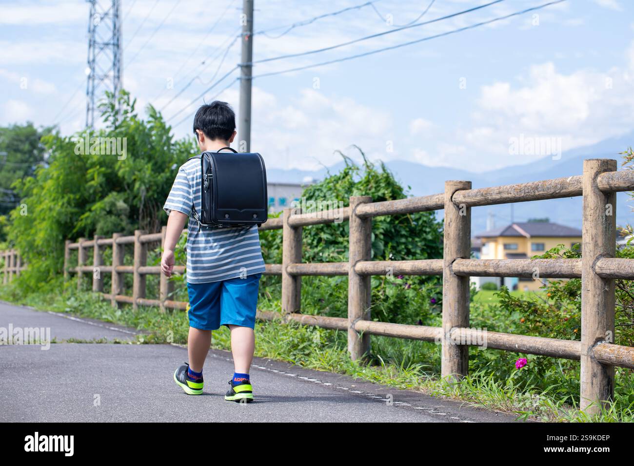 Elementary school boy walking on the road Stock Photo - Alamy