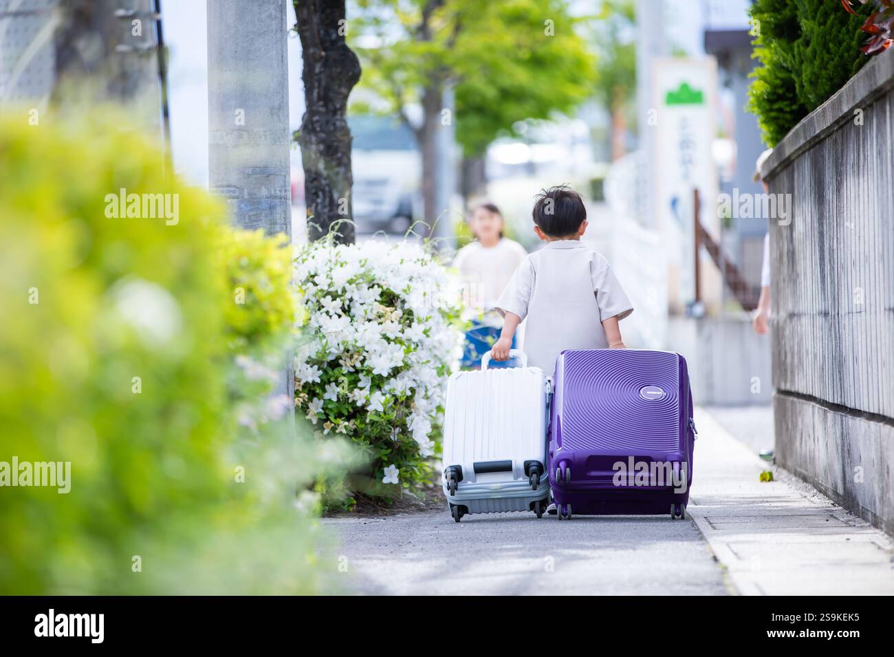 Boy pulling suitcase travel Stock Photo - Alamy