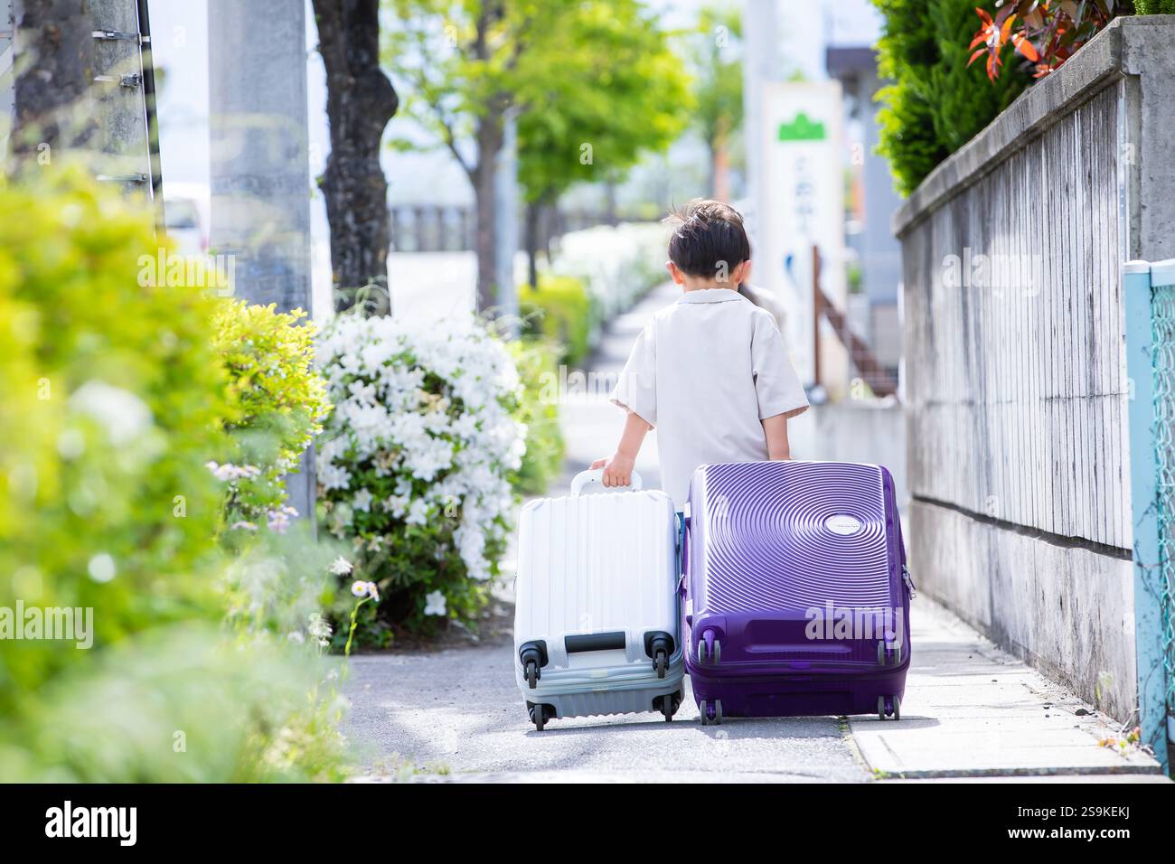 Boy pulling suitcase travel Stock Photo - Alamy
