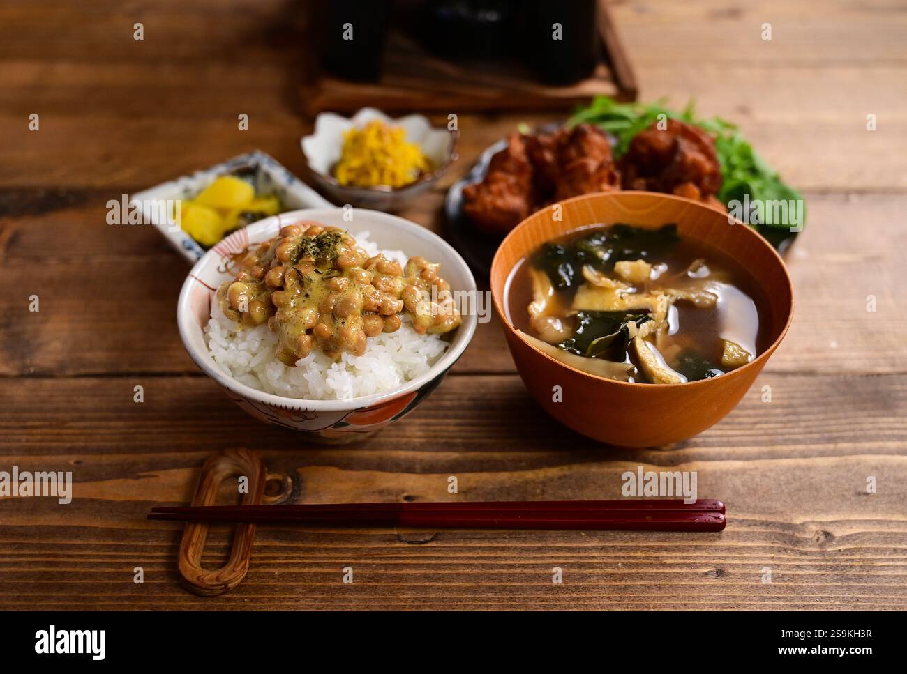One soup two dishes, Natto gohan (natto rice Stock Photo - Alamy