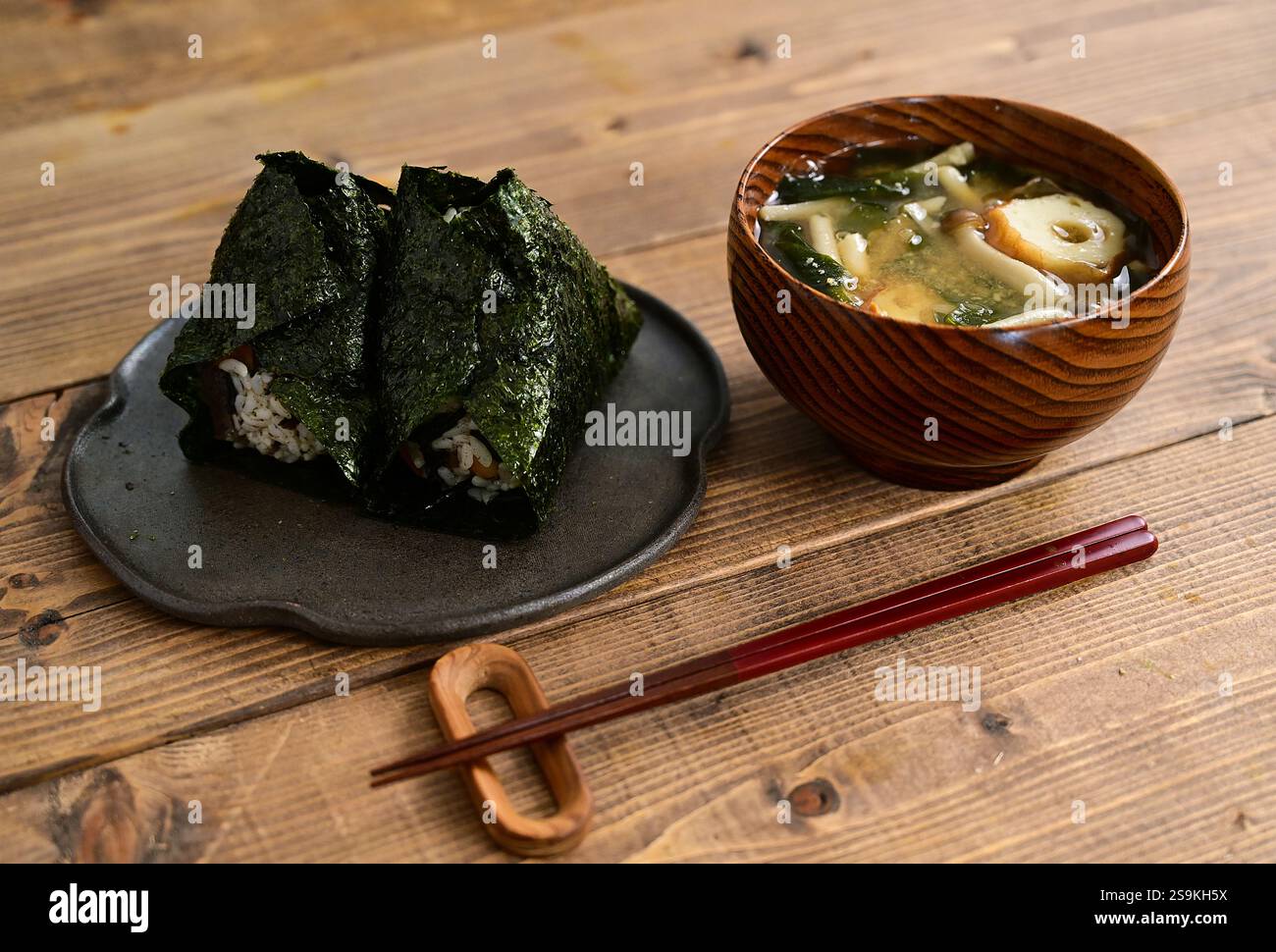 Hijiki mixed rice balls and miso soup Stock Photo - Alamy