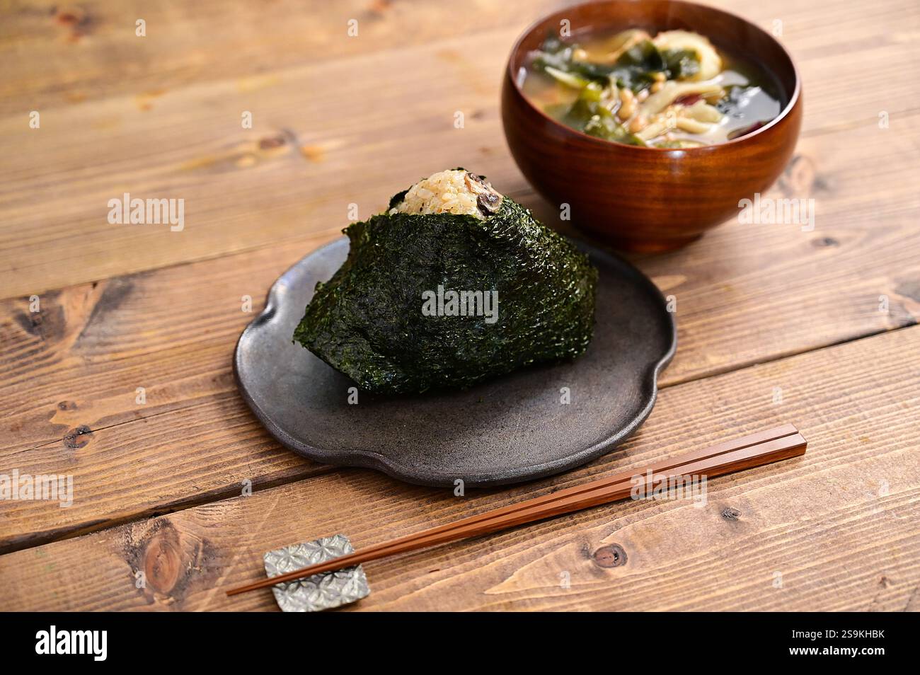 takikomi gohan onigiri and natto miso soup Stock Photo - Alamy