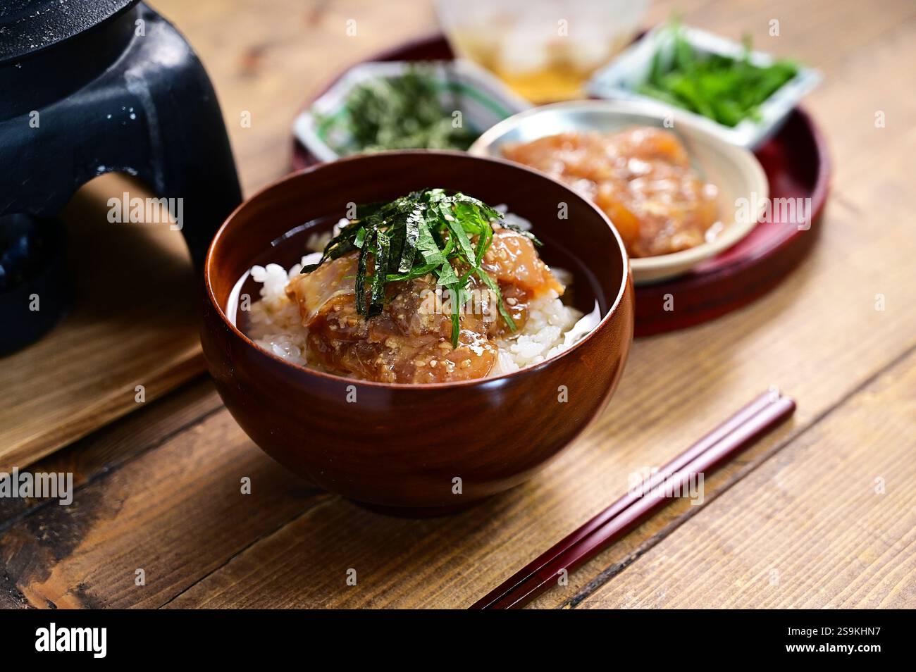 Chilled chazuke with sea bream pickled in sesame seeds Stock Photo - Alamy