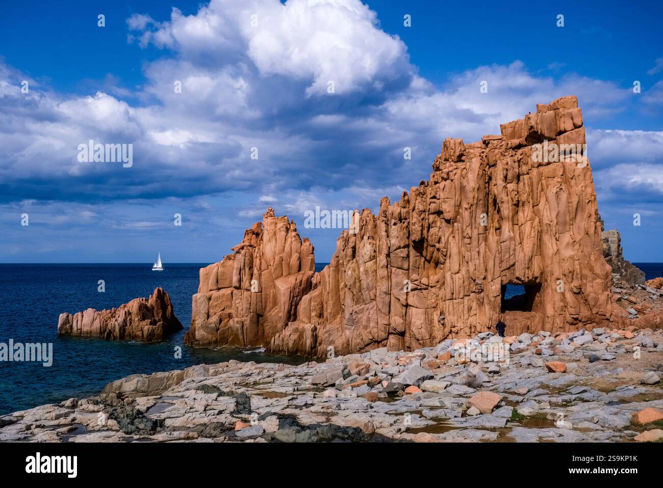 The blood-red porphyry peaks of Arbatax, Rocce Rosse, which rise out of ...