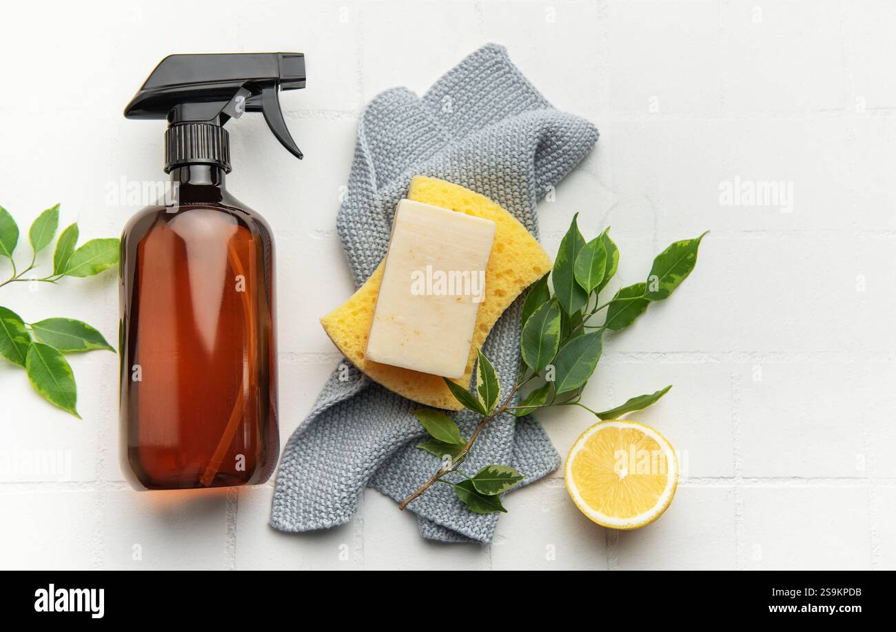 Natural cleaning products and tools promoting a green, sustainable ...