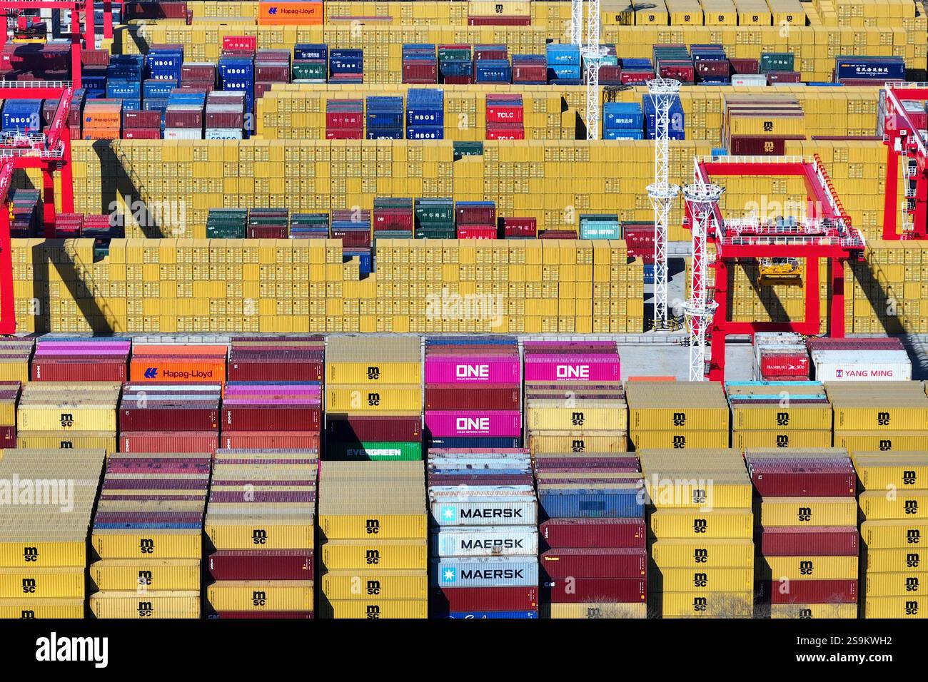 NANJING, CHINA - JANUARY 27, 2025 - Containers are stacked at the Qiba ...