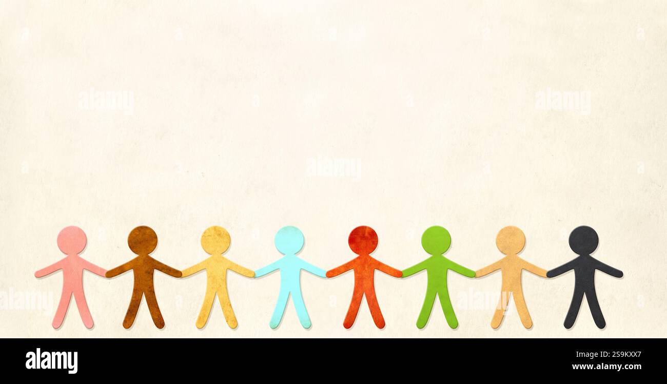 Horizontal background with colorful cutout paper people. Paper human figures holding hands ...