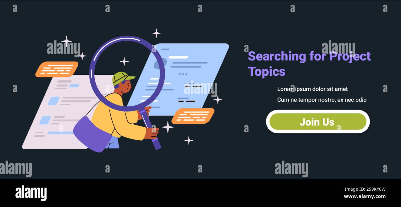 Man searching project topics with magnifying glass digital documents ...