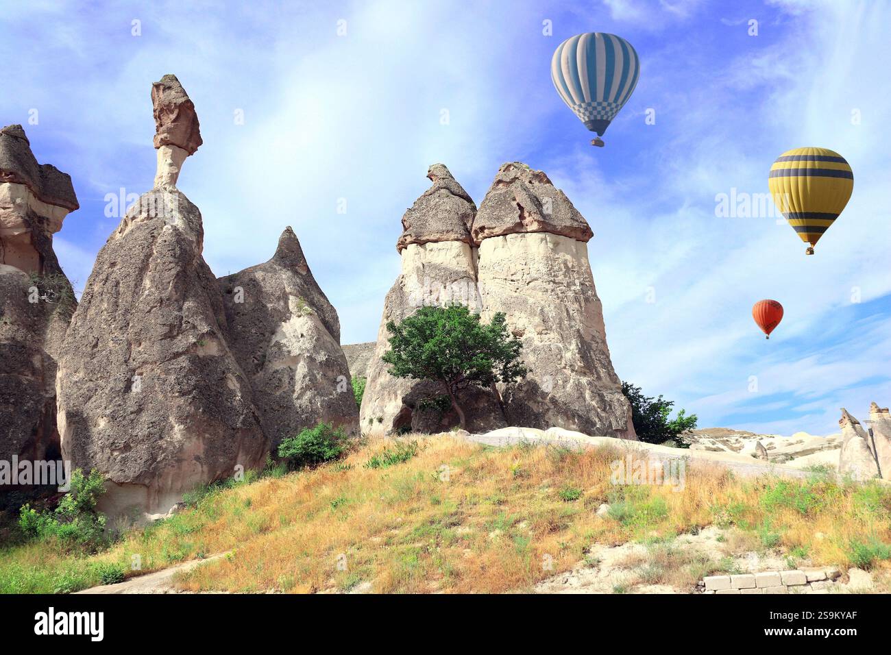 The balloon flight, famous tourist attraction of Cappadocia. Air ...