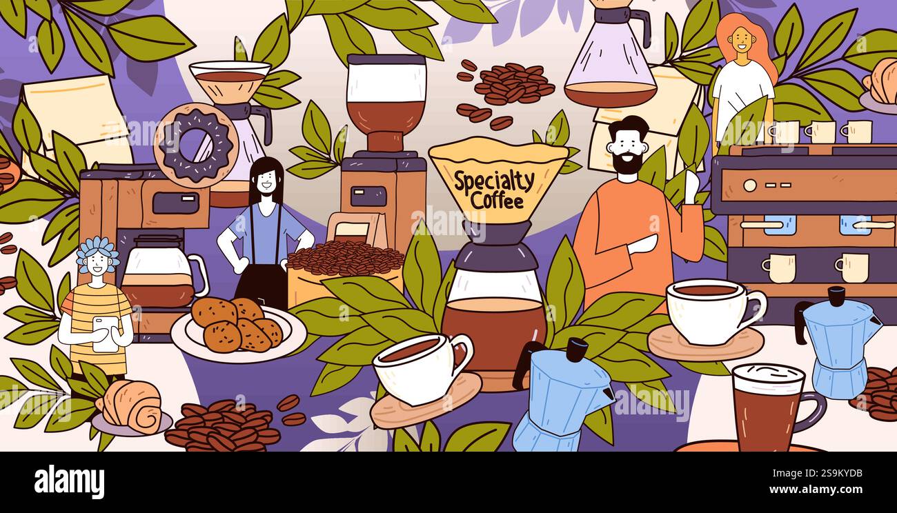 Specialty coffee shop scene with baristas colorful coffee equipment ...