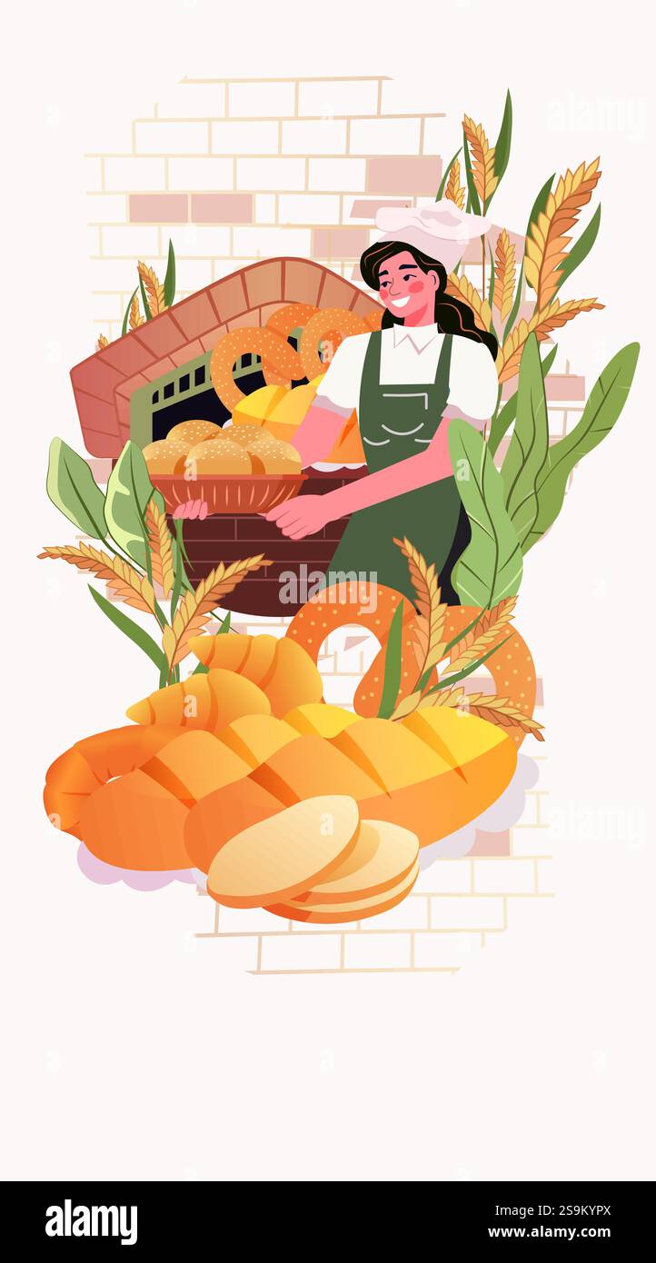 Baker with bread basket smiling by oven wheat plants background warm ...