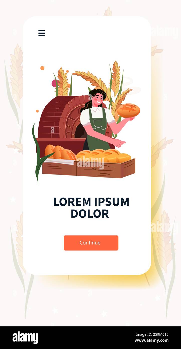 Baker holding bread near oven wheat-themed bakery scene with smiling ...