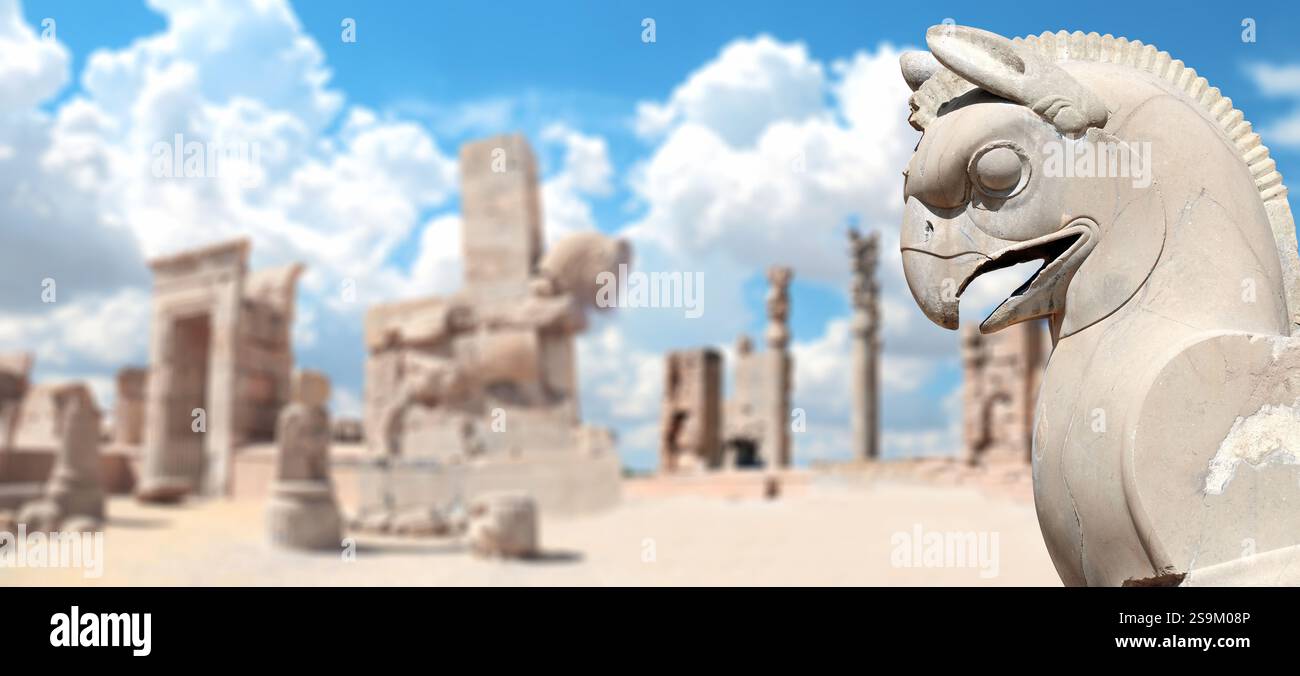 Horizontal banner with stone statue of mythical creature griffin and ...