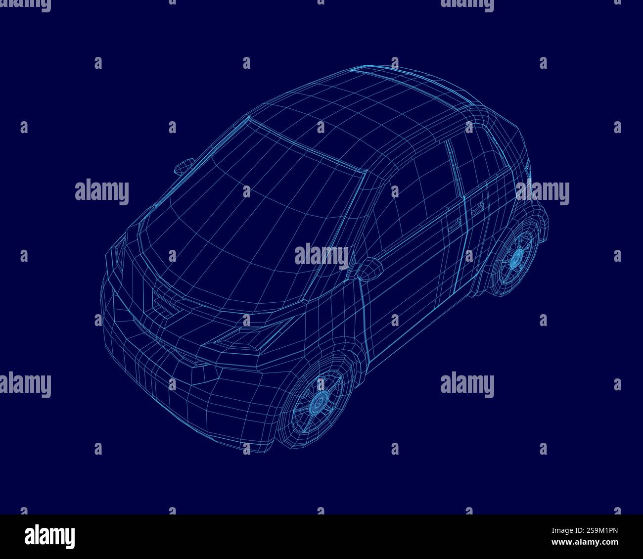 Blue car is shown in a 3D image. The car is a small hatchback. The car ...