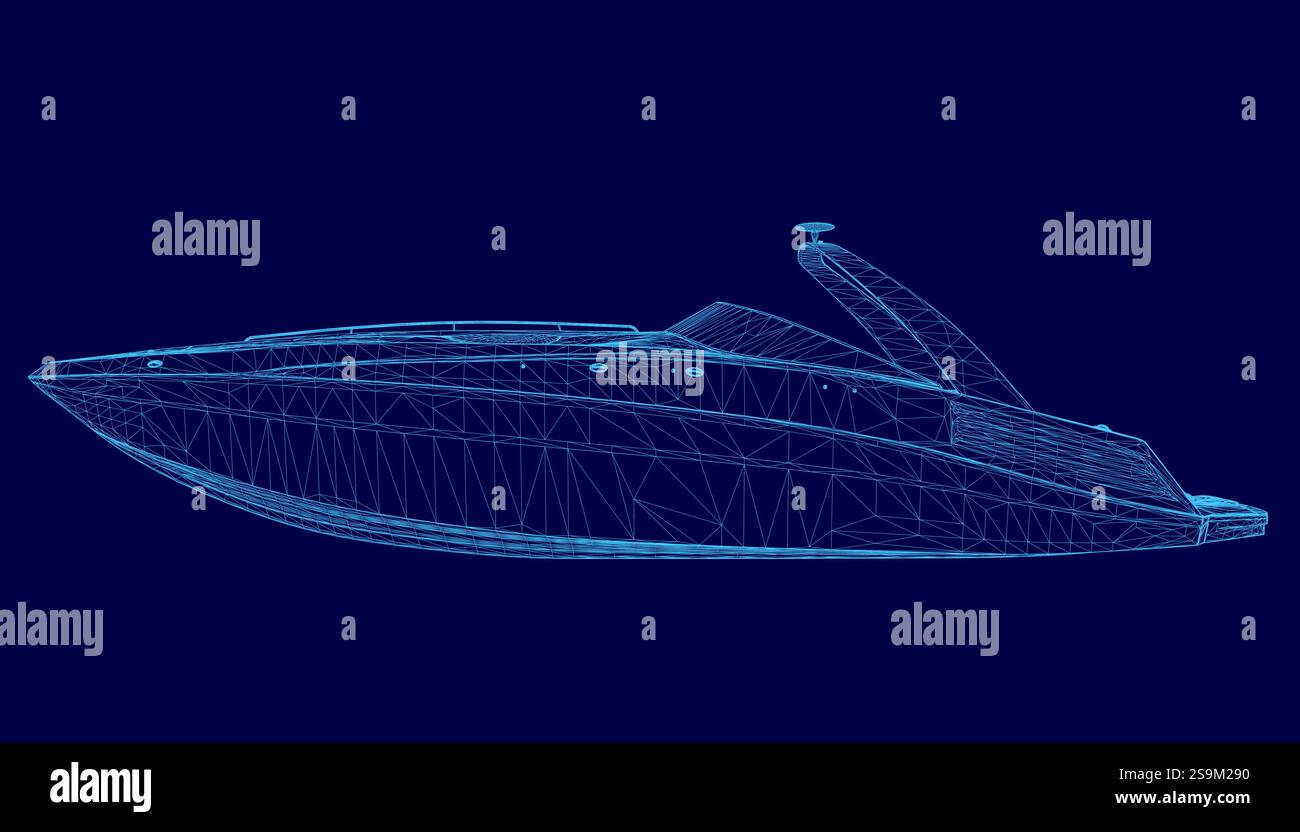 Blue boat is shown in a computerized image. The boat is shown in a very ...