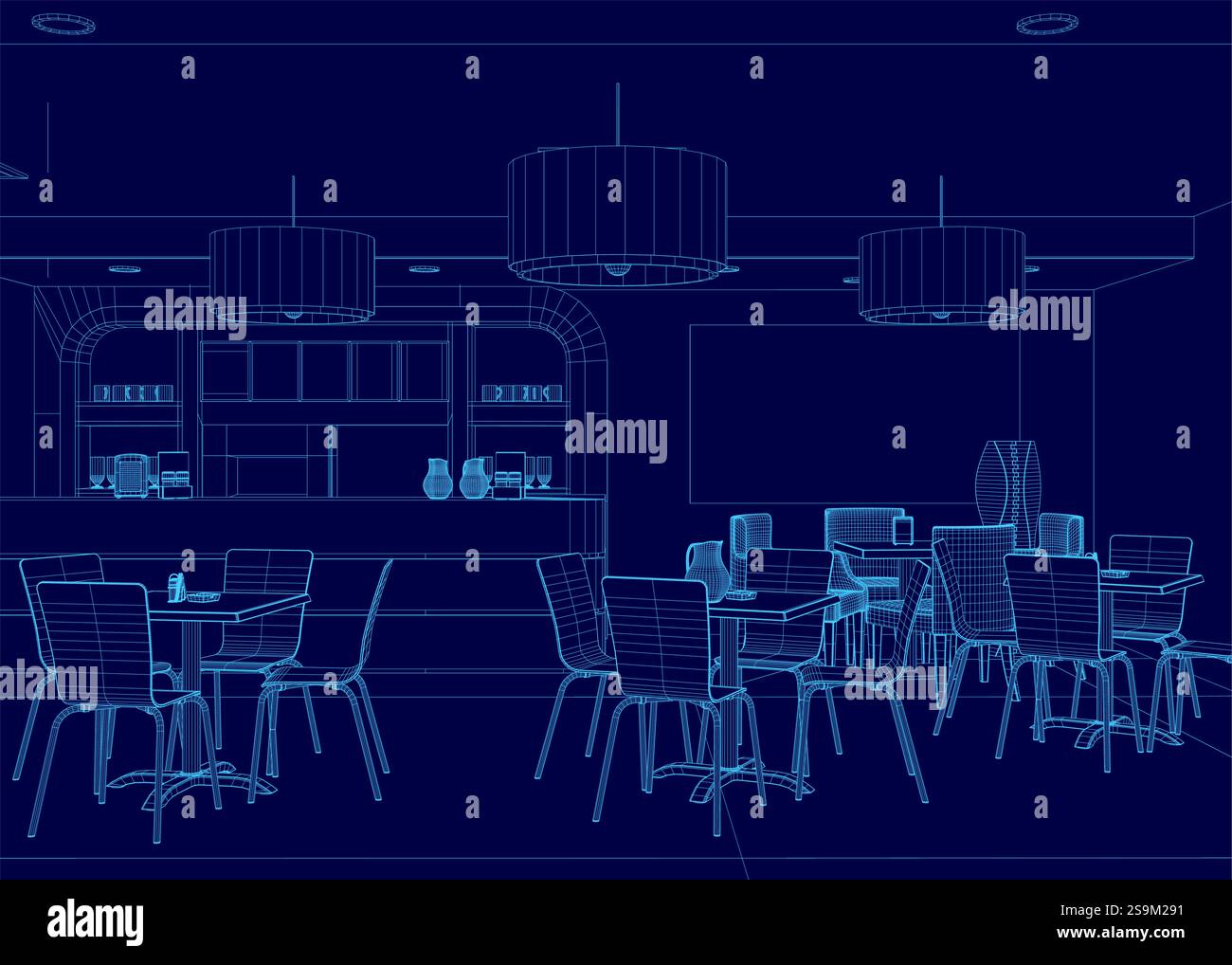 Blue drawing of a restaurant with tables and chairs. The chairs are ...