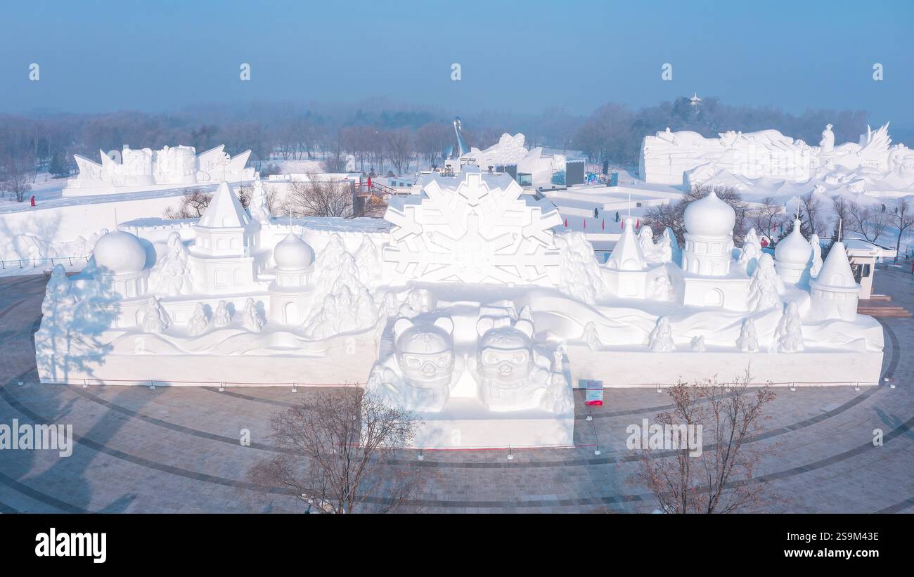 Aerial photo shows the snow sculptures at the Sun Island Scenic Area in ...