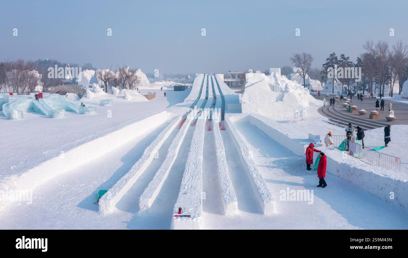 Aerial photo shows the snow sculptures at the Sun Island Scenic Area in ...