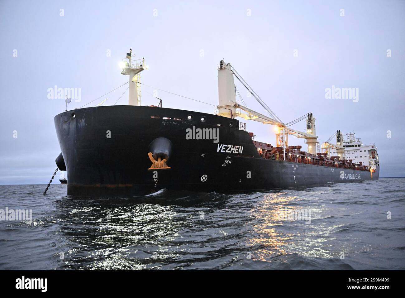 The cargo ship Vezhen is anchored outside Karlskrona, Sweden, Monday ...