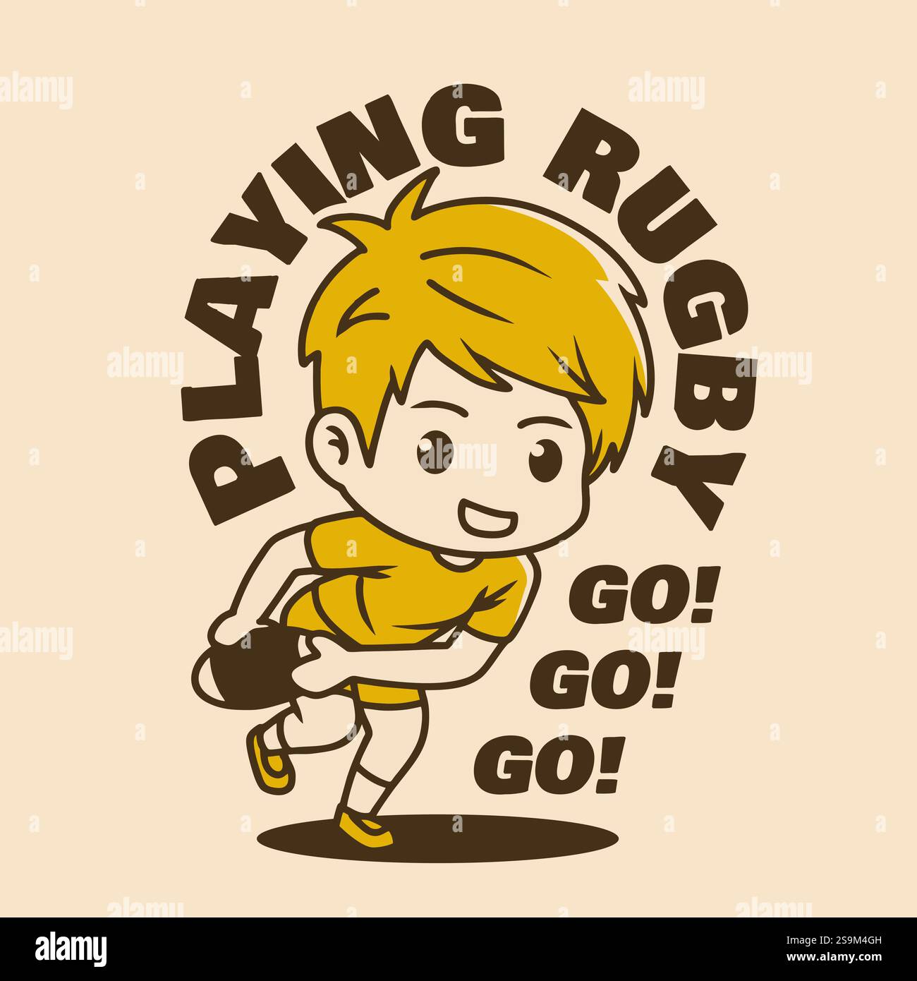 Boy rugby player holding a rugby ball in running pose, chibi mascot ...