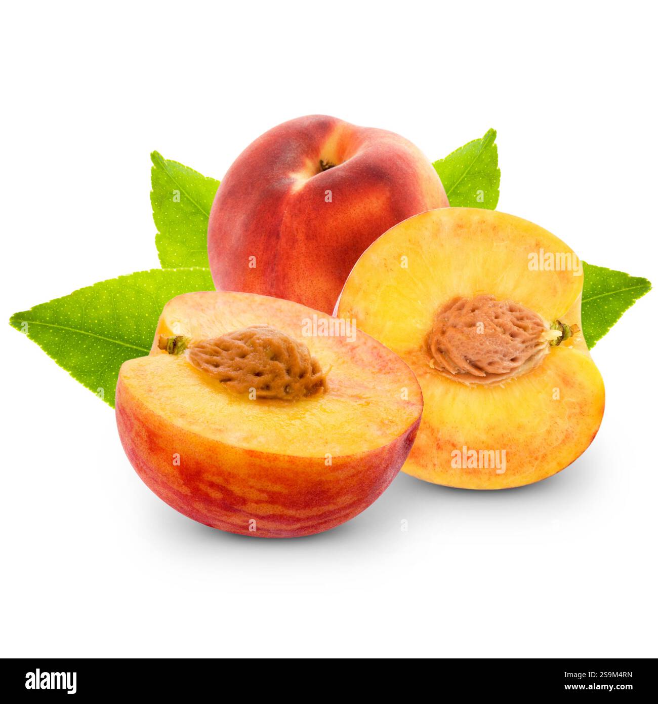 fresh peach fruits and half Isolated Stock Photo - Alamy