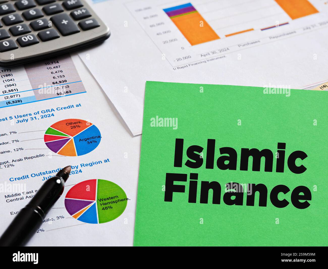 Islamic finance concept is represented by text on green note, charts ...