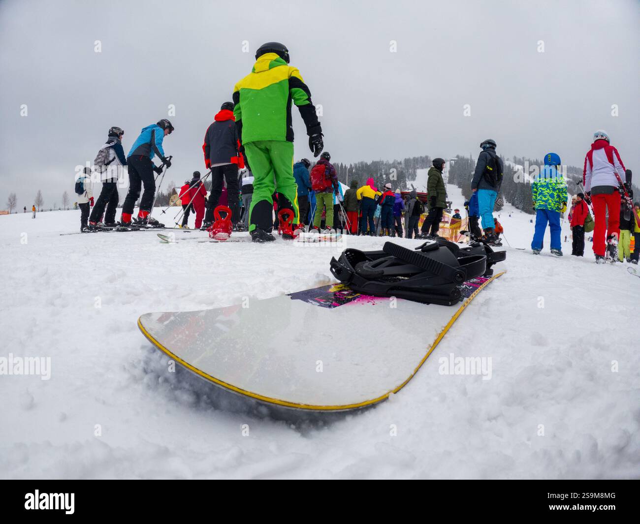 Ski Resort with Snowboard and Lift Line Stock Photo - Alamy