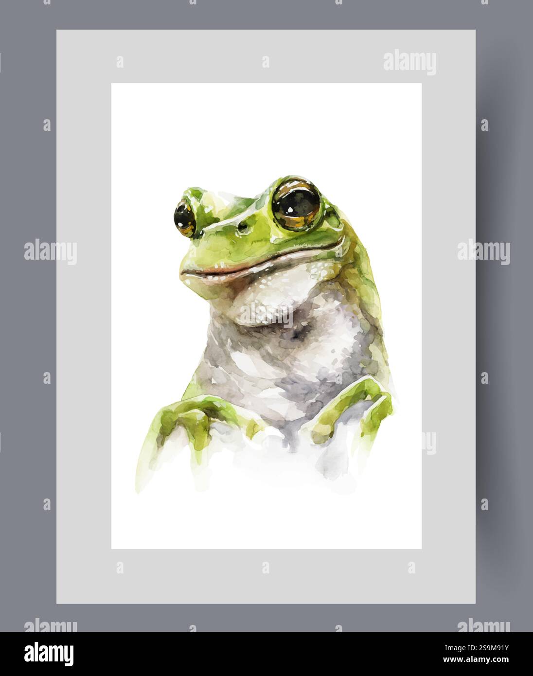 Green frog or toad with white neck and two beautiful eyes on print ...