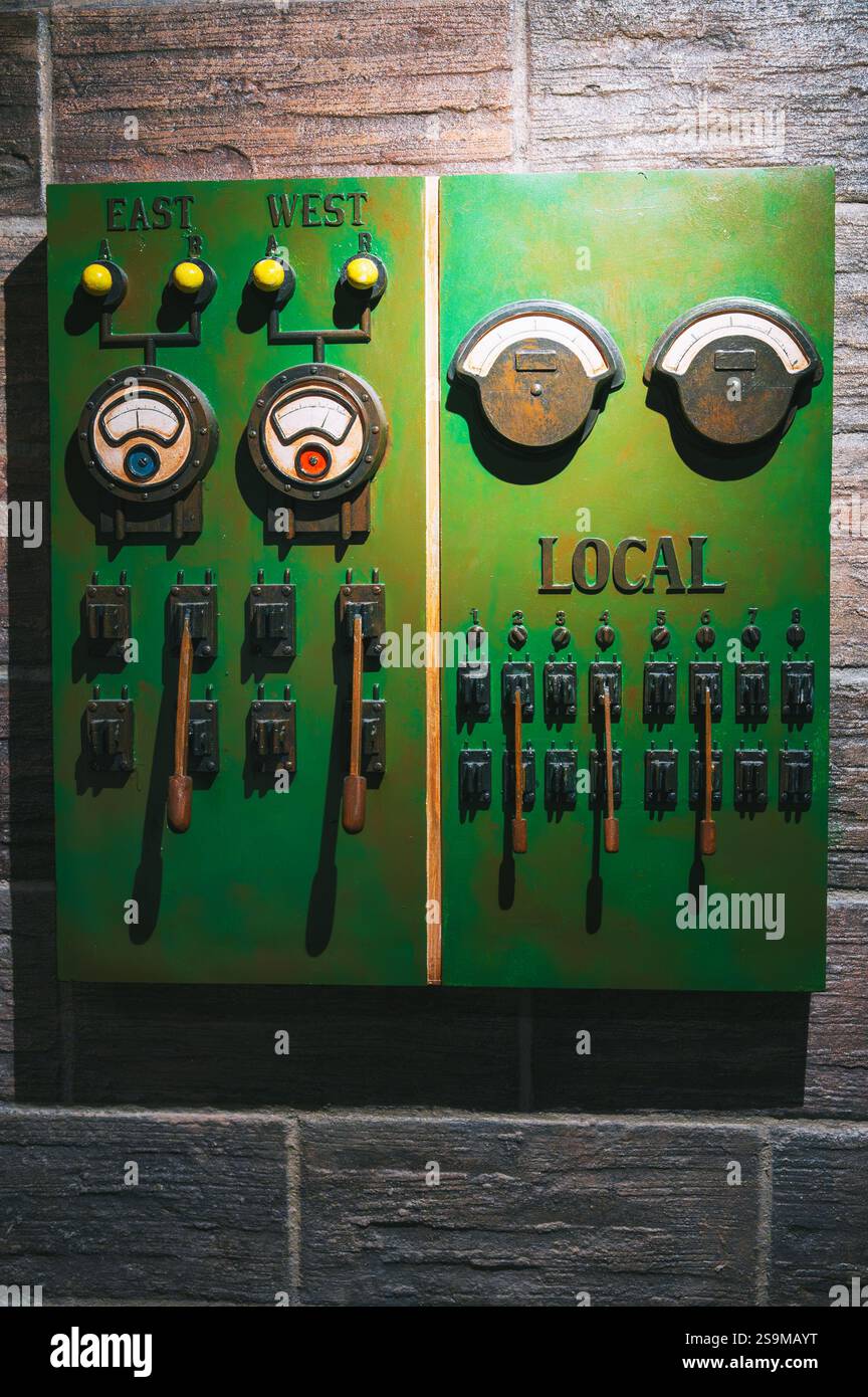 Antique electricity controlling panel on the wall of an underground ...