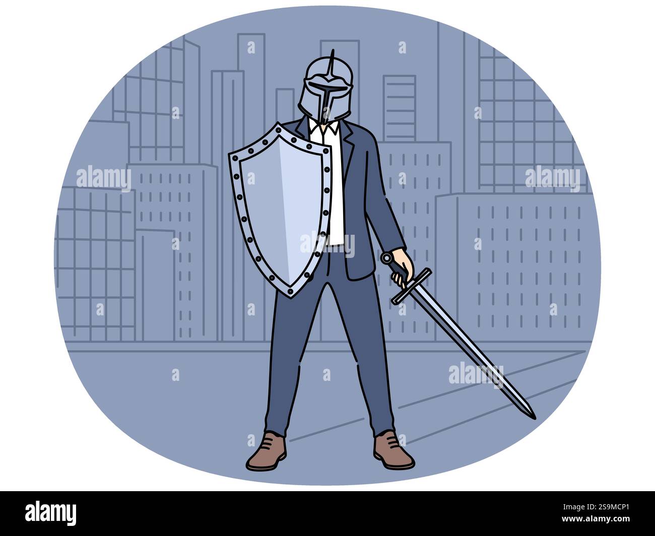 Business man with knight shield is preparing for battle, concept of ...