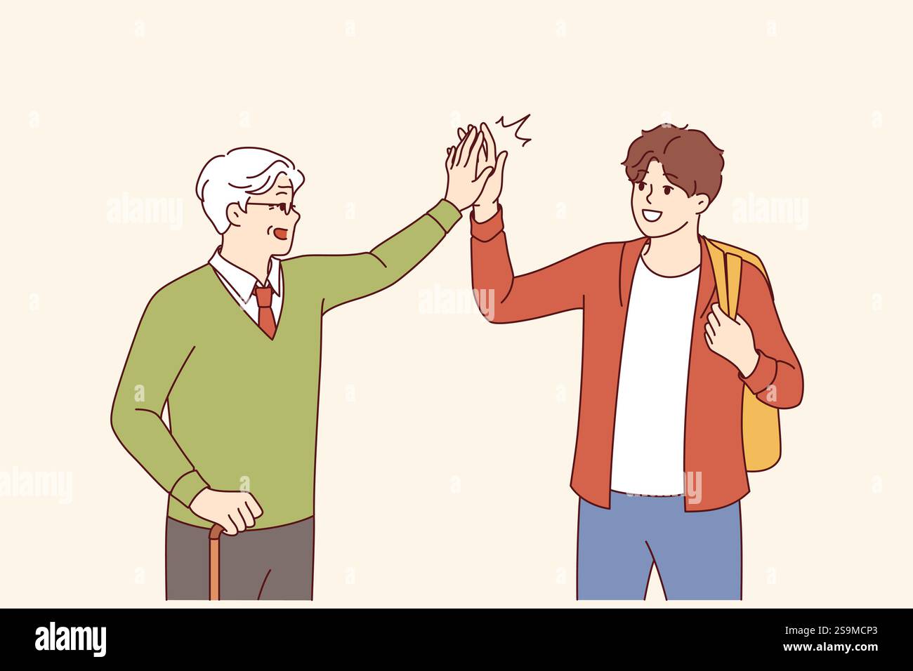 Intergenerational friendship between teenager and old man high-fiving ...