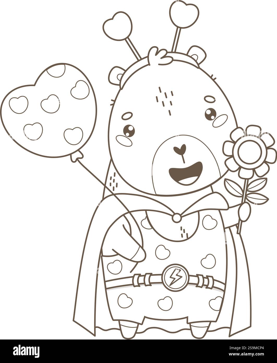 Outline Romantic Superhero Capybara with balloon heart and flower. Cute ...