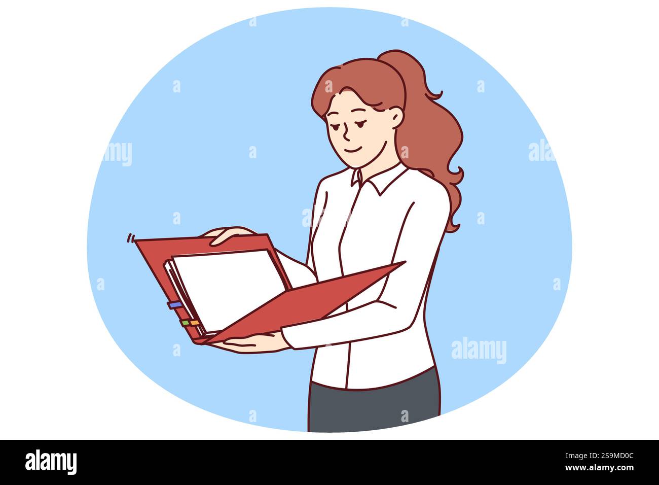 Woman is holding folder with documents reading report from employees or ...