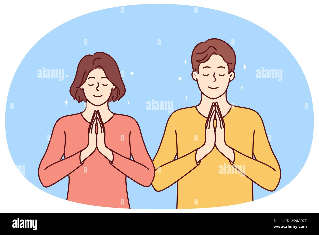 Praying man and woman fold palms in front of chests for joint prayer ...