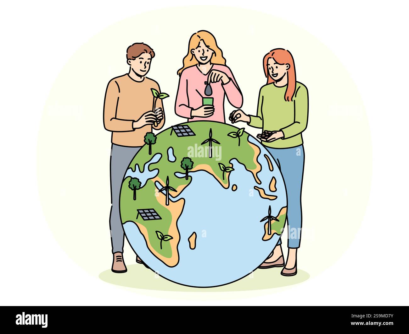 Human volunteers stand near globe and place trees and wind or solar ...