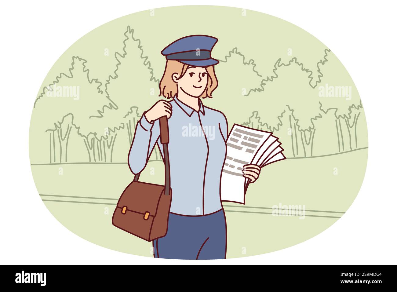 Woman postman delivers newspapers and fresh press with news or letters ...