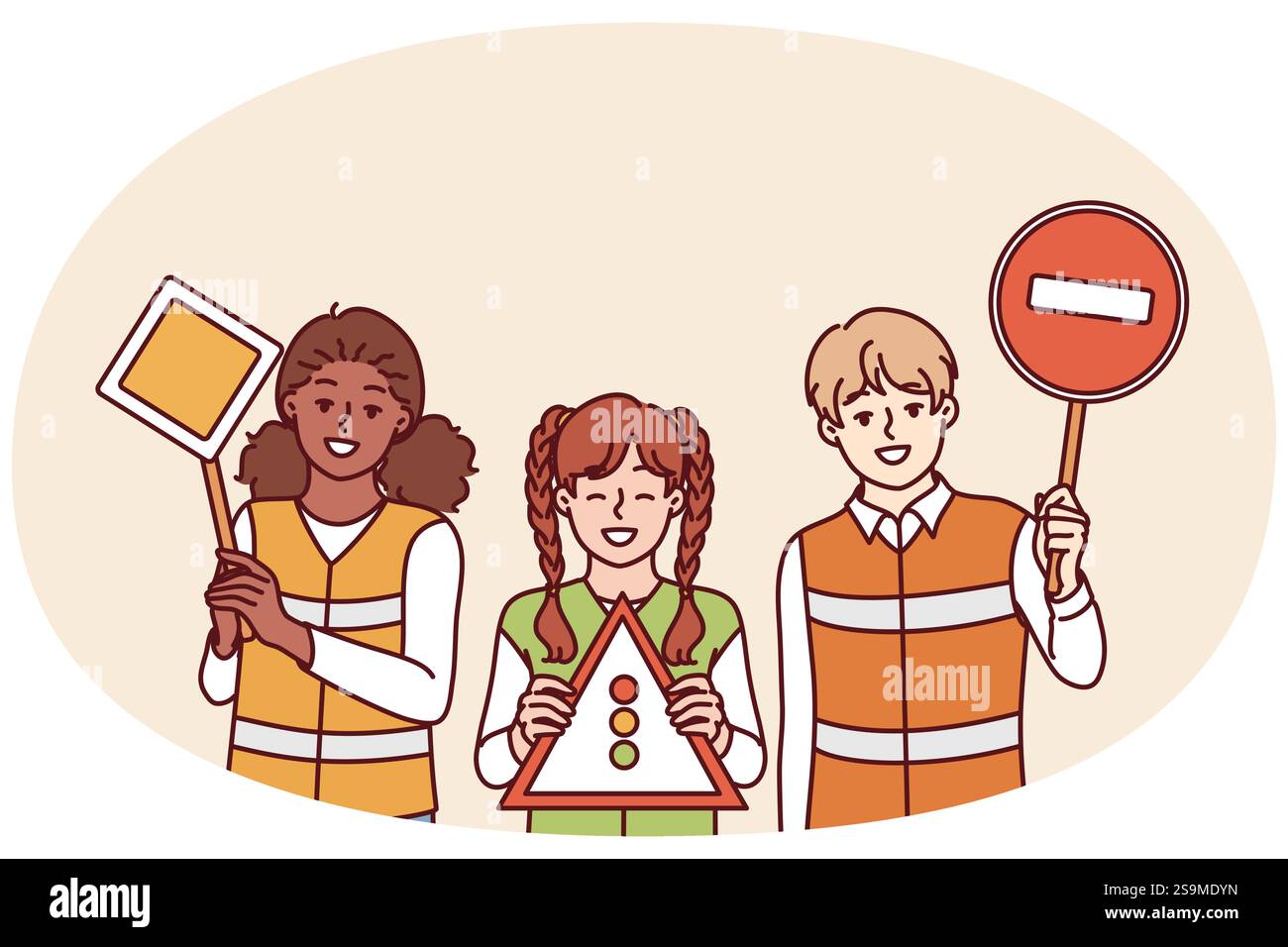 Children learning rules of road wear reflective vests and display ...