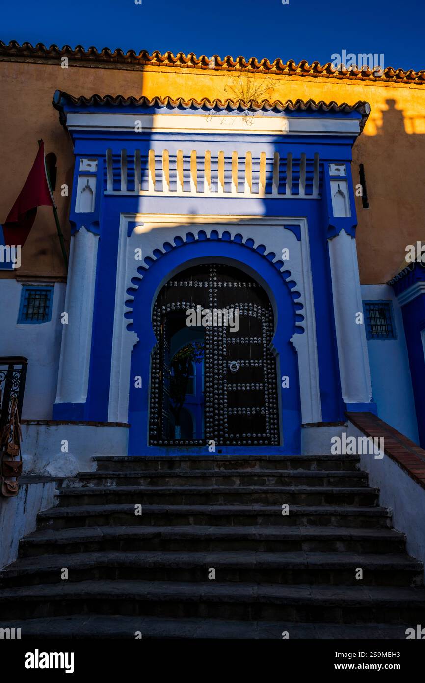 Sunset on the Grand Mosque entrance, Chefchaouen, Morocco Stock Photo ...