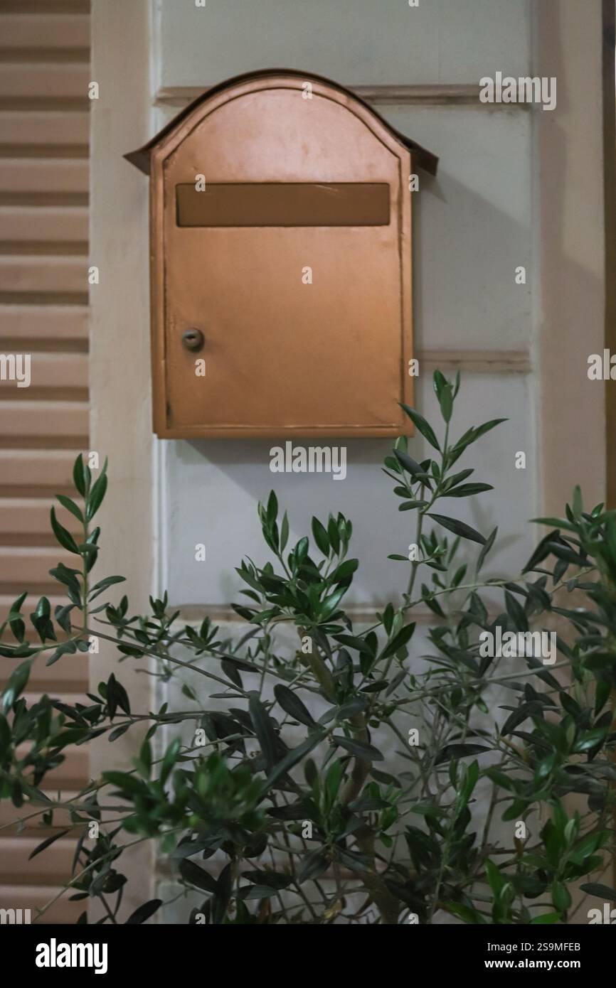 A golden mailbox mounted on a wall in Albania, surrounded by lush green ...