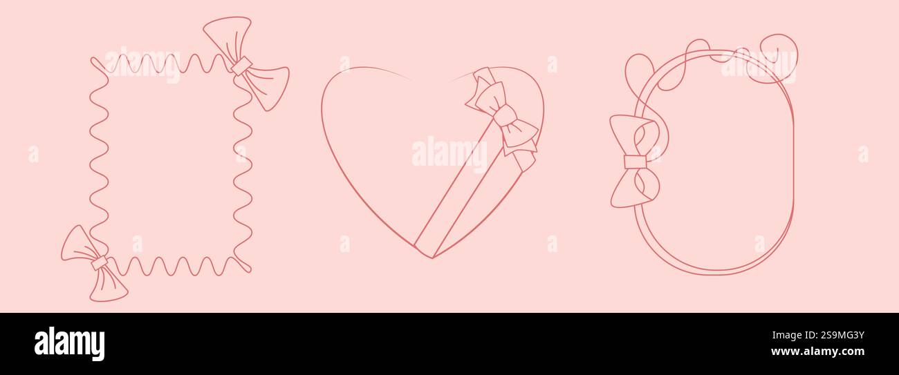 Coquette pink frames with decorative ribbon bows. Elegant contour ...